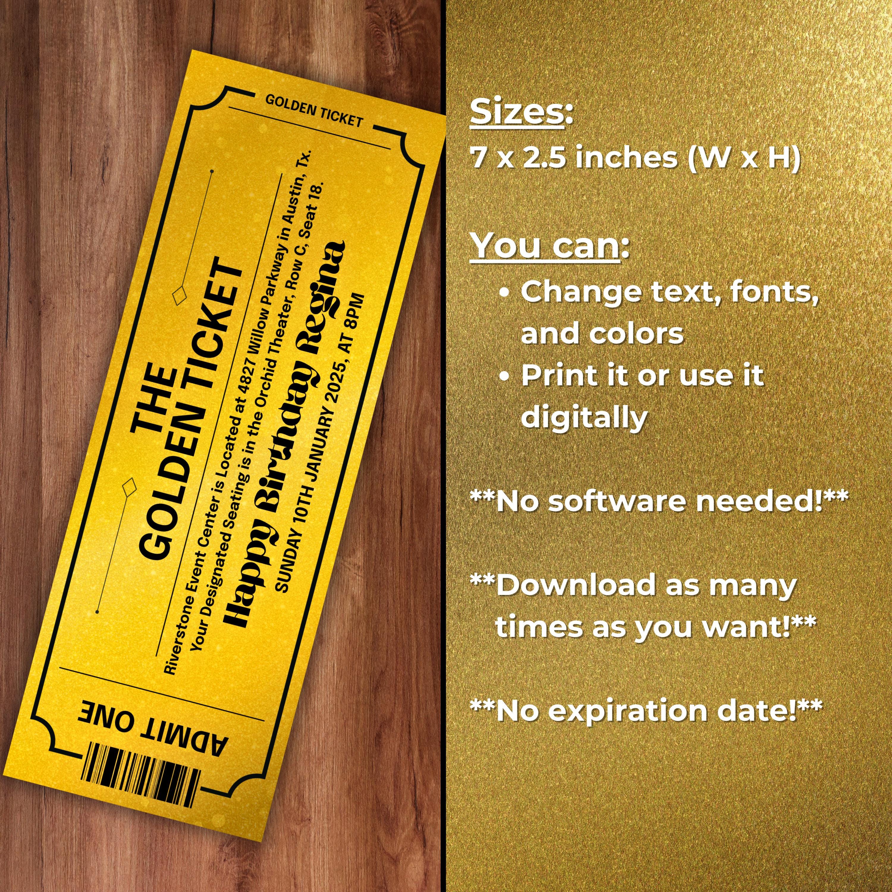 Golden Ticket Template, Printable Golden Ticket Editable Template ...
