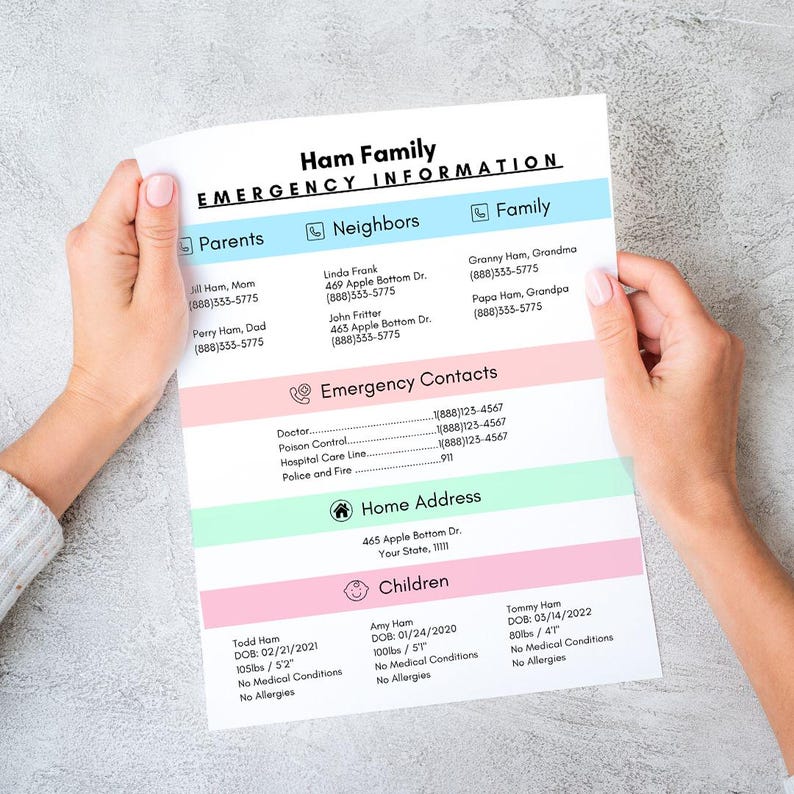 Editable Emergency Information Sheet: Babysitter/nanny Contact Template ...