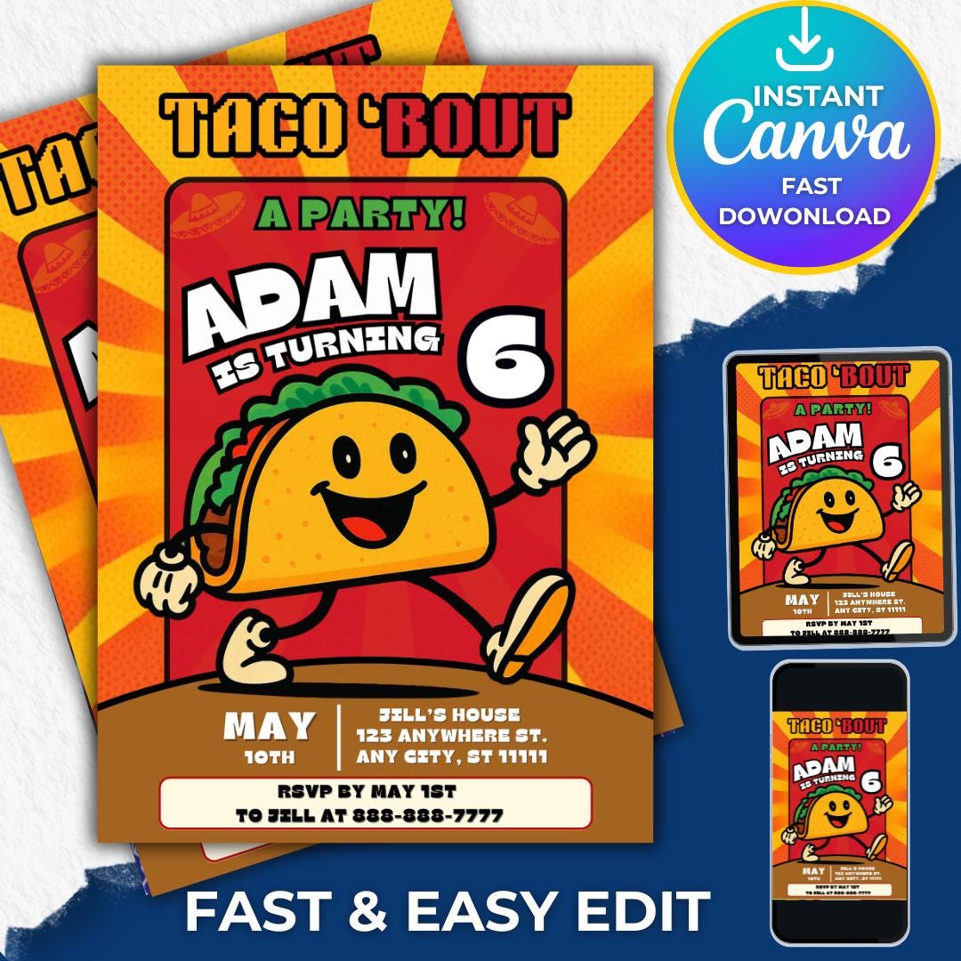 Editable Taco 'bout A Party Birthday Invitation, Fiesta Invitation ...