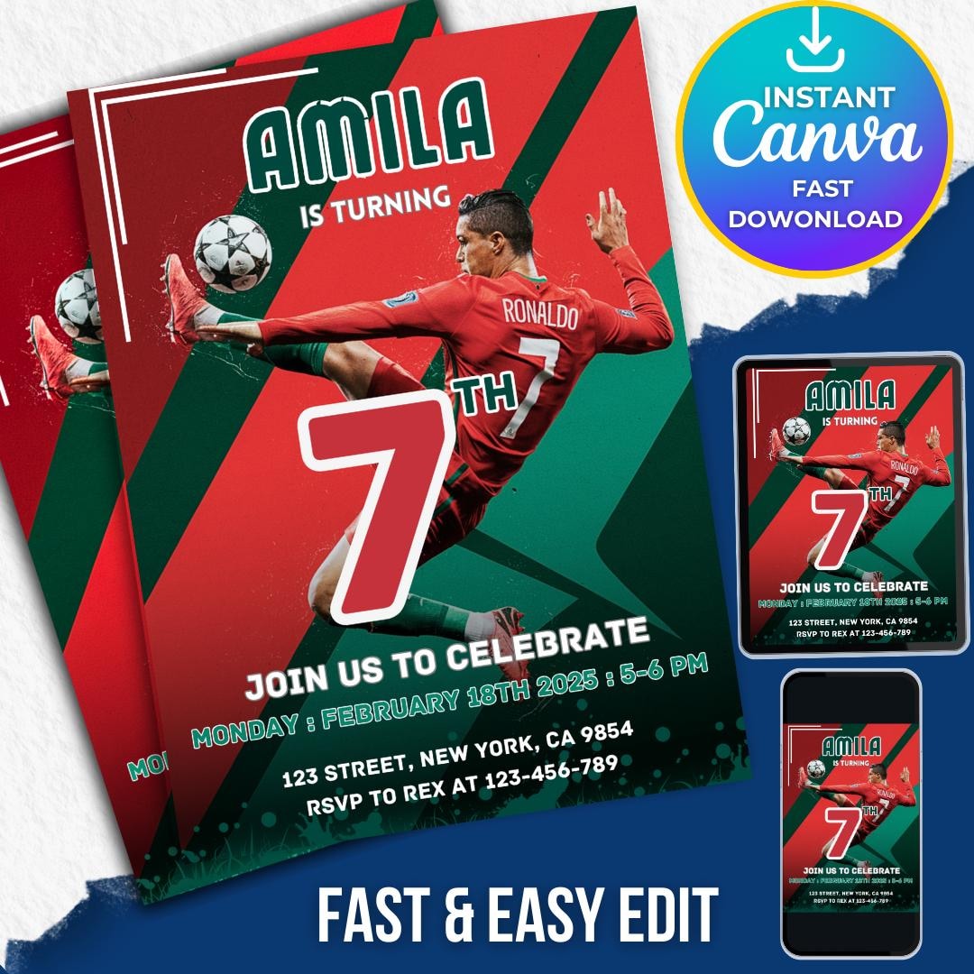 Ronaldo Birthday Invitation CR7 Birthday, Editable Ronaldo Birthday ...