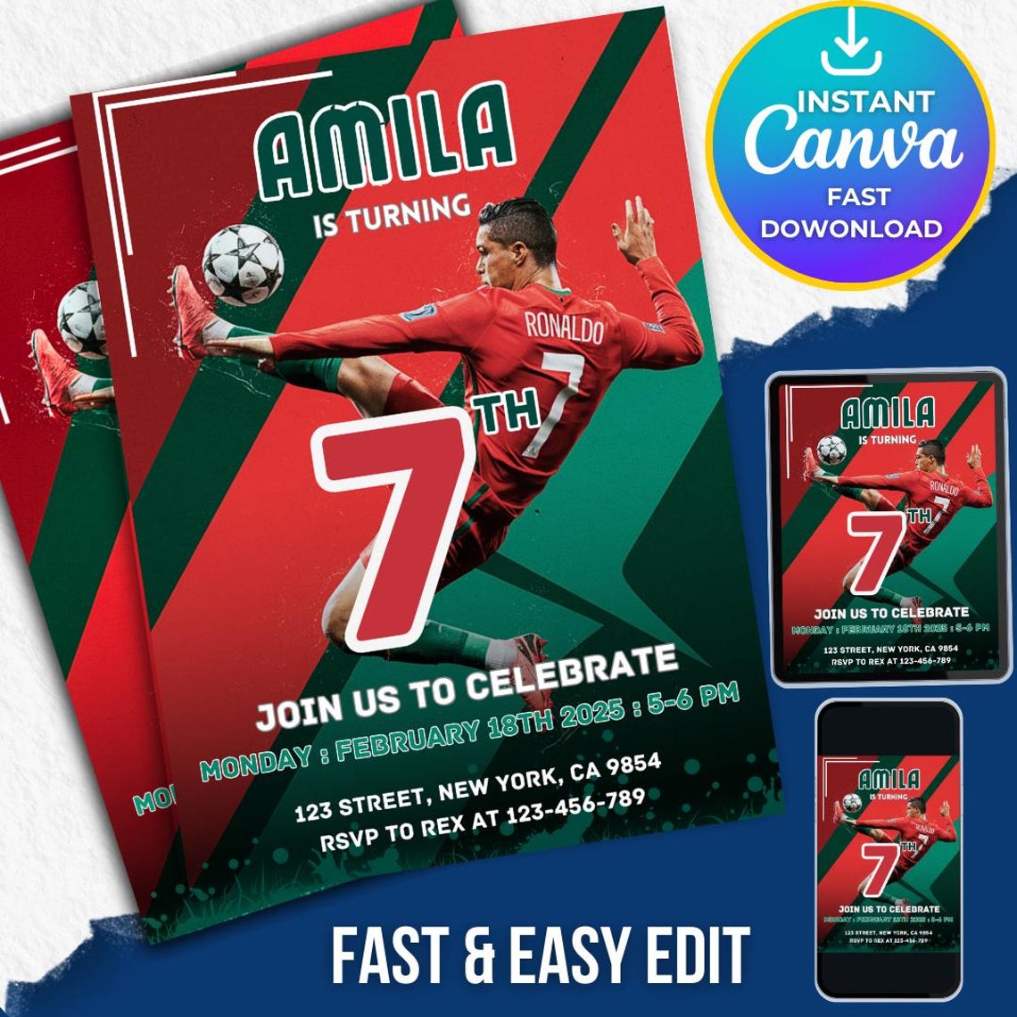 Ronaldo Soccer Birthday Invitation, Editable Canva Template (digital ...