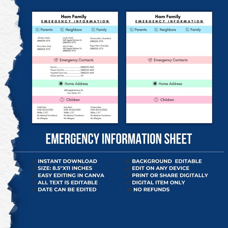 Editable Emergency Information Sheet: Babysitter/nanny Contact Template ...