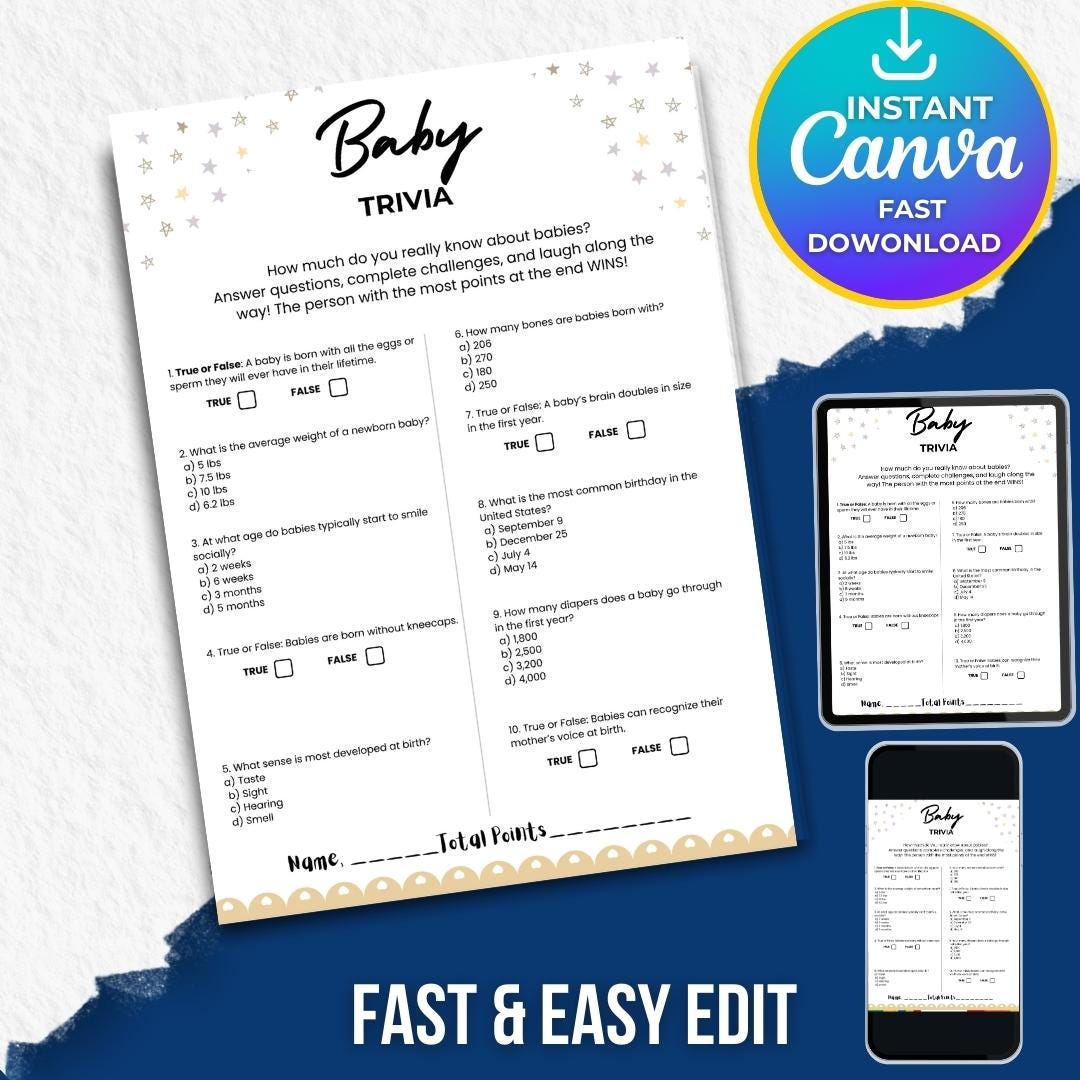 Editable Baby Shower Trivia Game, Baby Shower Games, Baby Shower Trivia ...