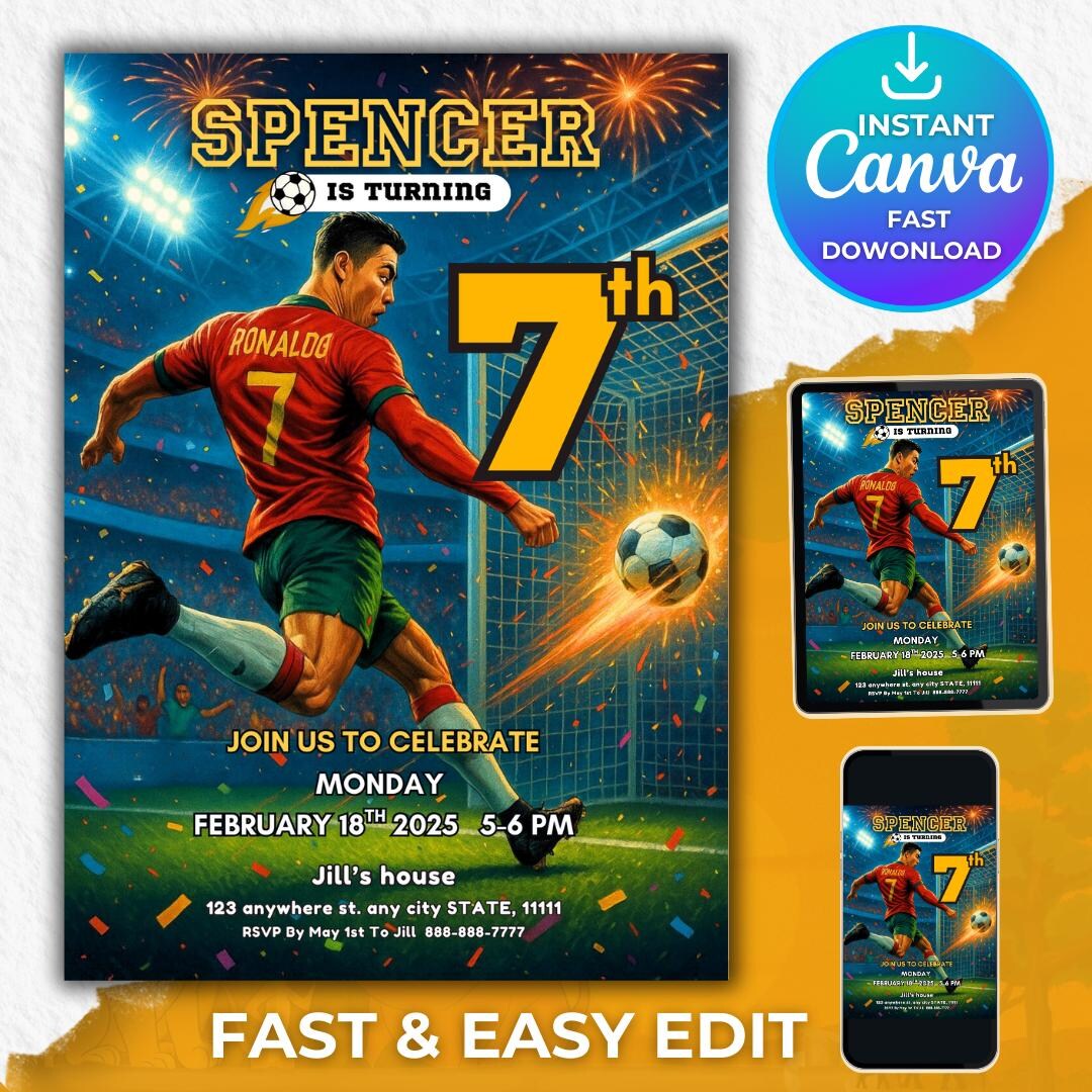 Editable Ronaldo Soccer Birthday Invitation, CR7 Theme (digital ...
