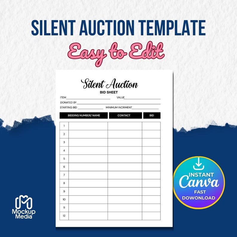 Editable Silent Auction Bid Sheet: Printable Fundraiser Template (US ...