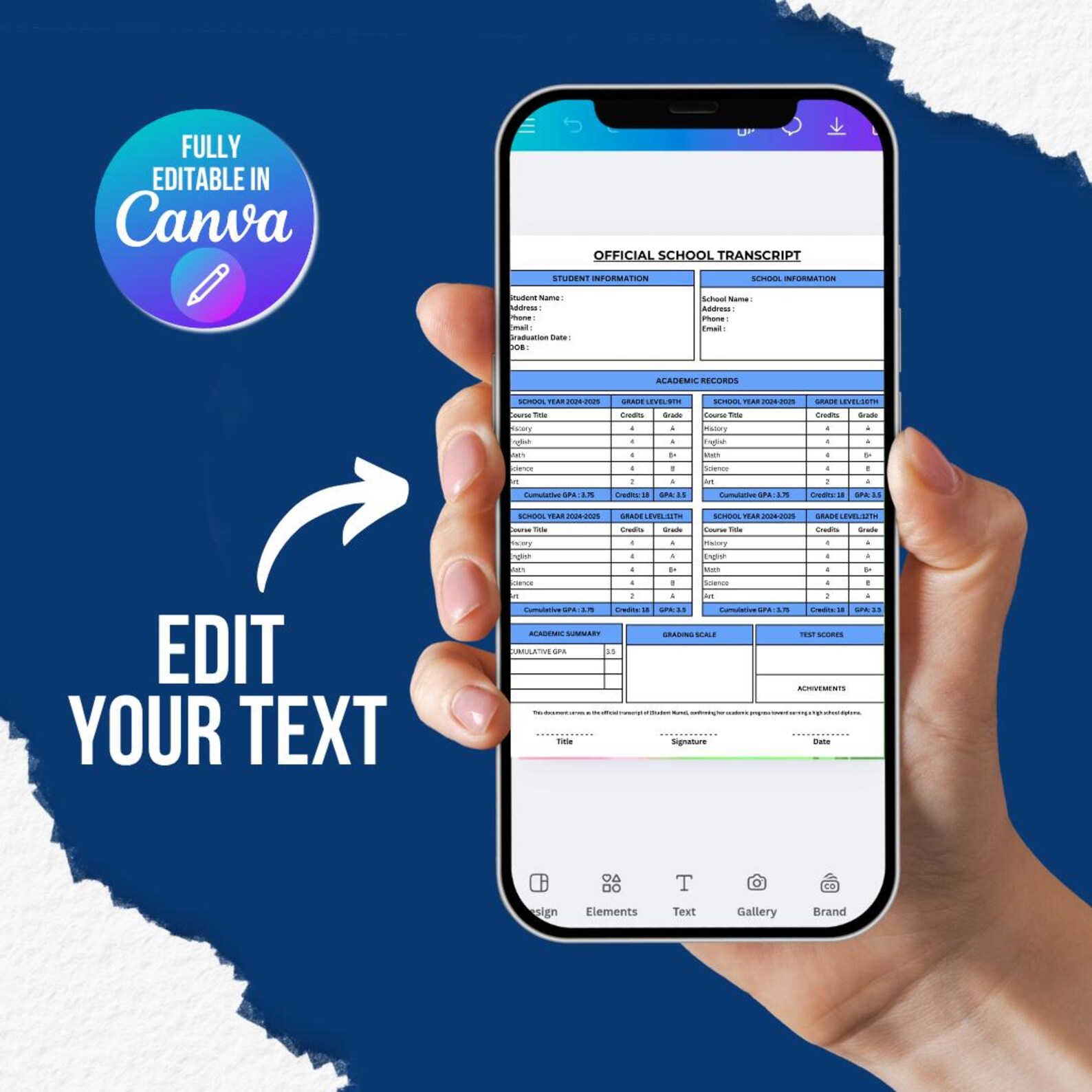Fillable High School Transcript Template: Editable Canva Design ...