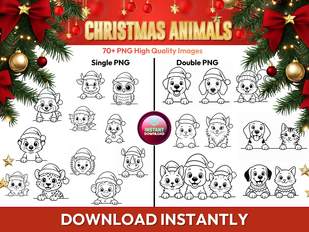 Christmas Animals SVG Bundle, Santa Hats PNG Clipart (digital Download ...