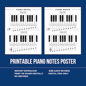 Printable Beginner Piano Notes Poster, Piano Keys and Notes Chart ...