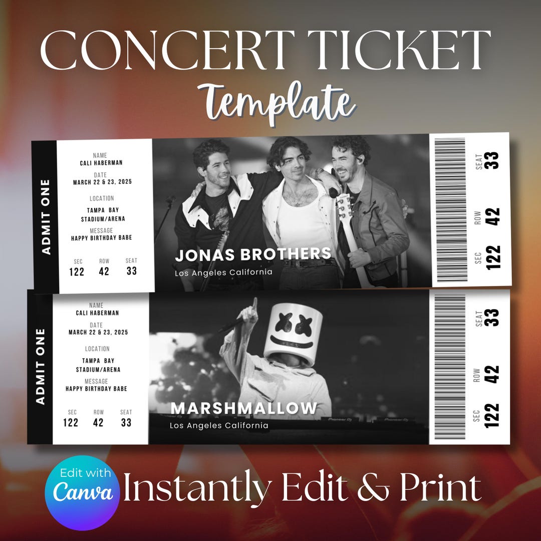 Editable Concert Ticket Template: DIY Printable Gift (digital Download ...