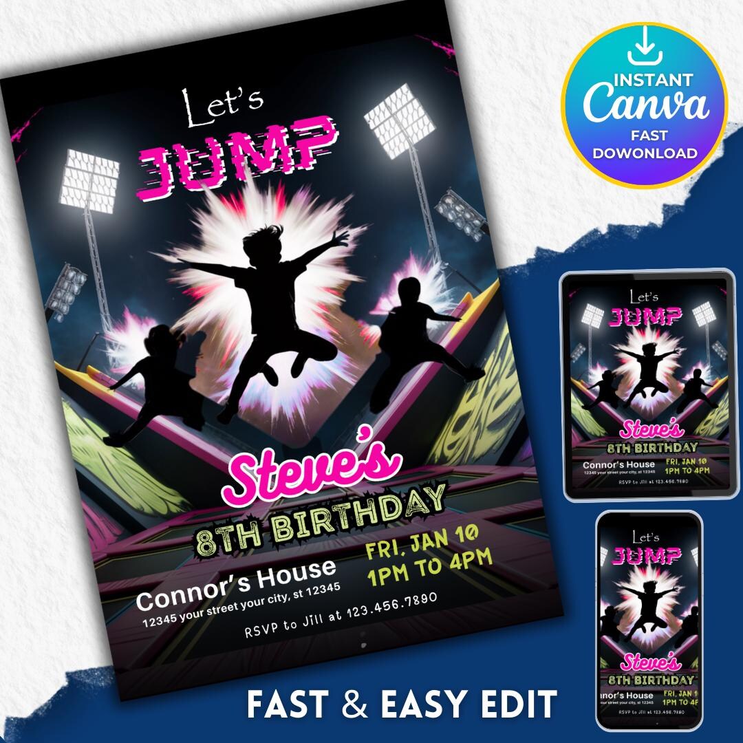 Jump Birthday Invitation, Jump Invite, Trampoline Party, Bounce House ...