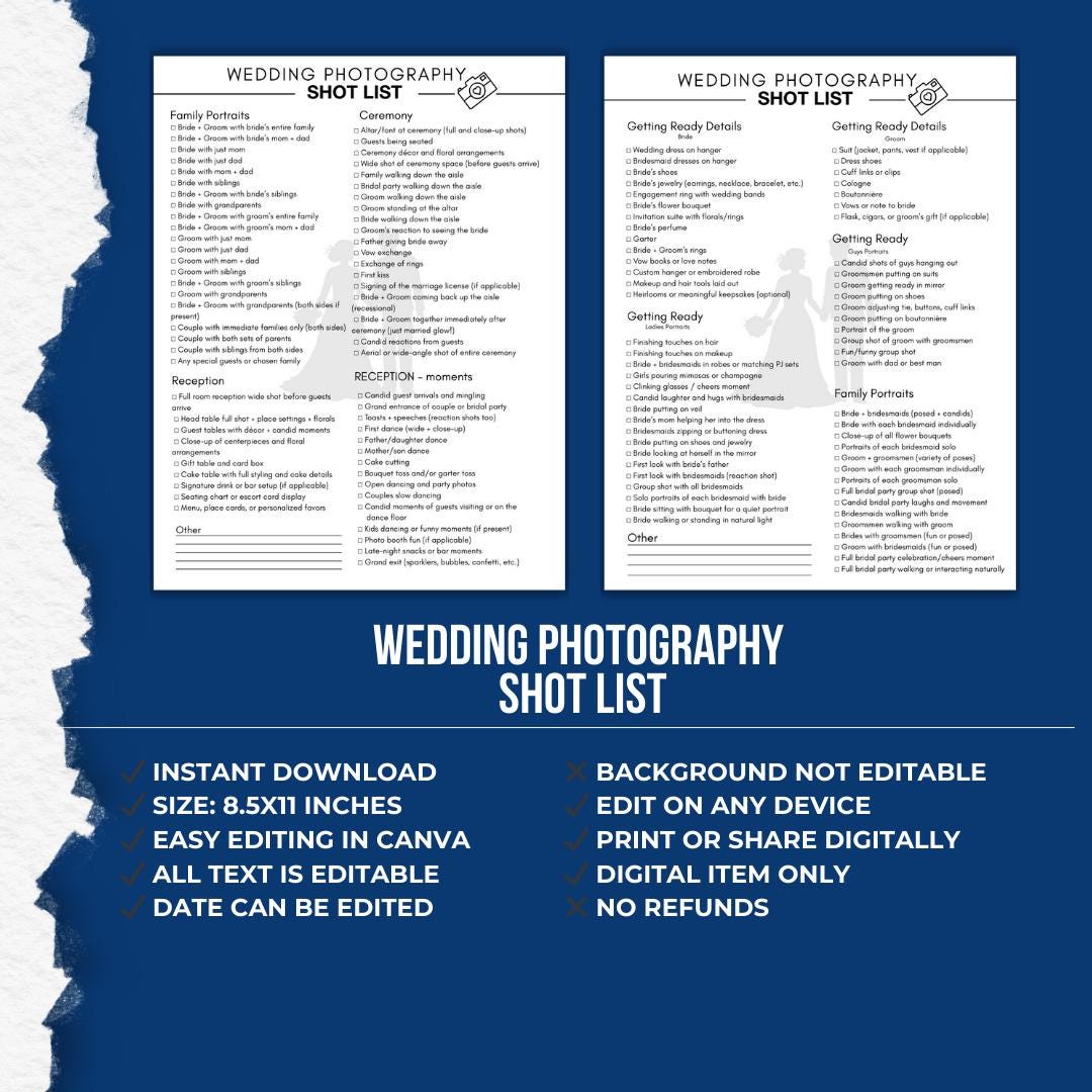 Wedding Photography Shot List: Editable Canva Template (digital ...