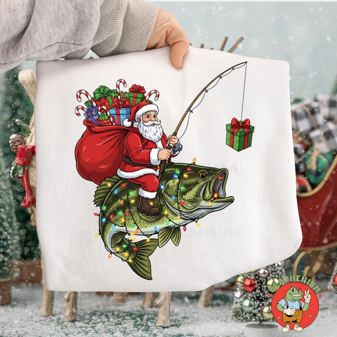 Fishing Santa PNG, Christmas Bass Fish Holiday Sublimation Design ...