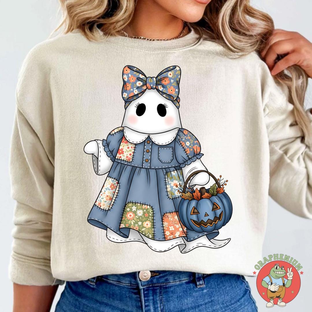 Retro Halloween Blue Denim Ghost Png, Trendy Patchwork Spooky Ghost Png ...