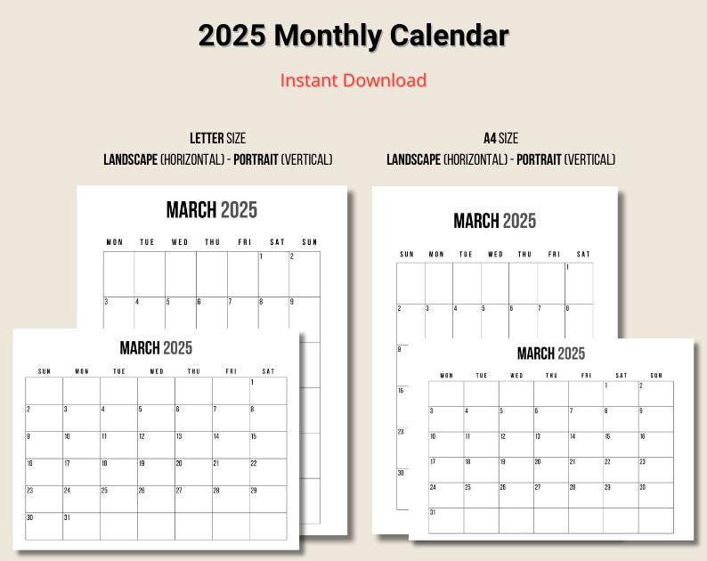 2025 Printable Calendar, 2025 Monthly Calendar Canva, A4, Letter ...