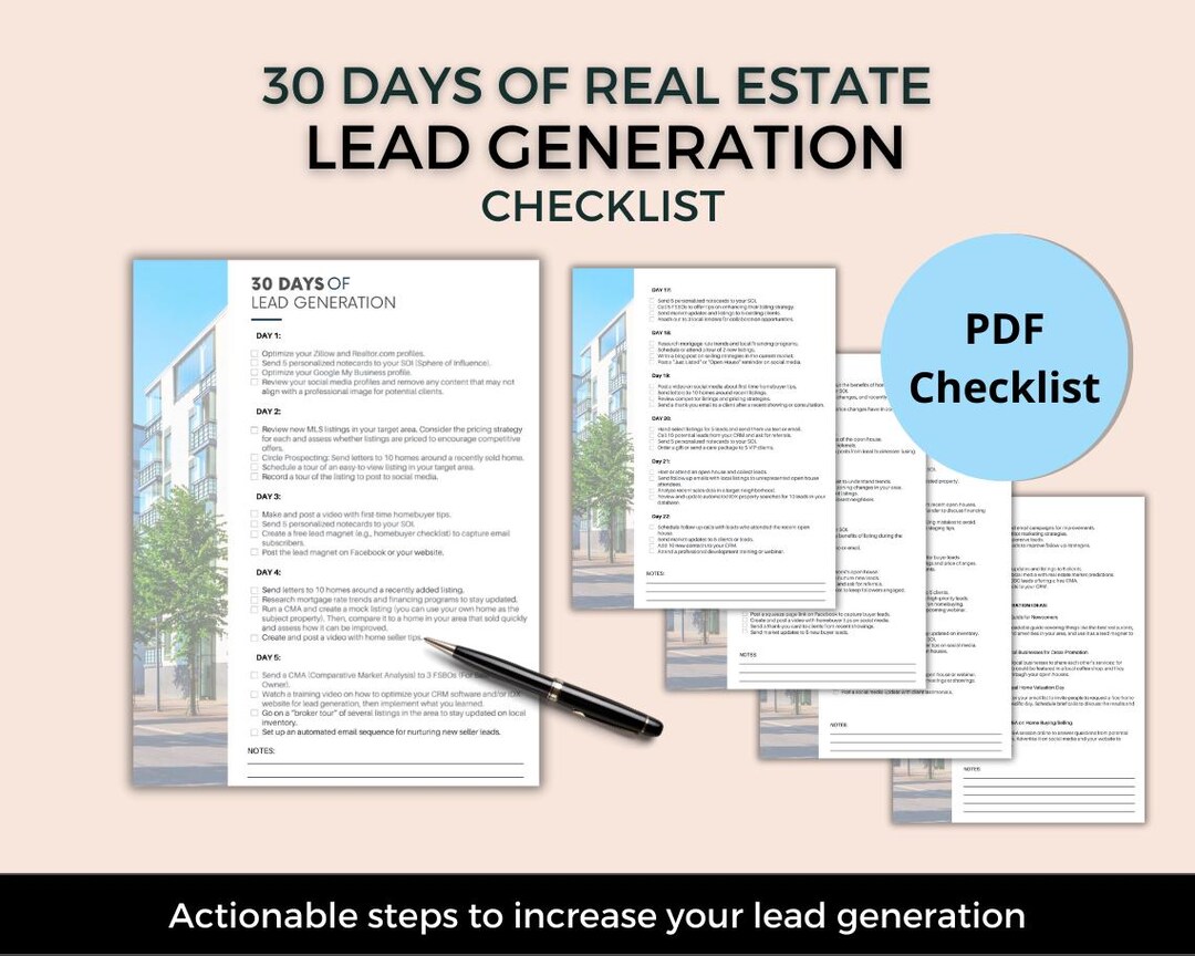 Real Estate Lead Generation Checklist, Action Steps for Daily Lead Generating Activities - Etsy