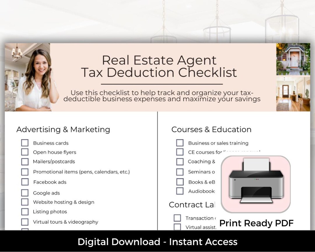 Real Estate Tax Deductions Checklist | Real Estate Agent Expense Tracker - Etsy