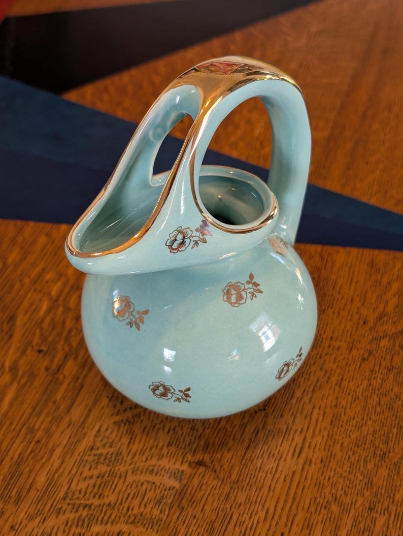 Vintage MCM Turquoise Blue Vase 22k Gold, Small Pitcher, Rose Design - Etsy