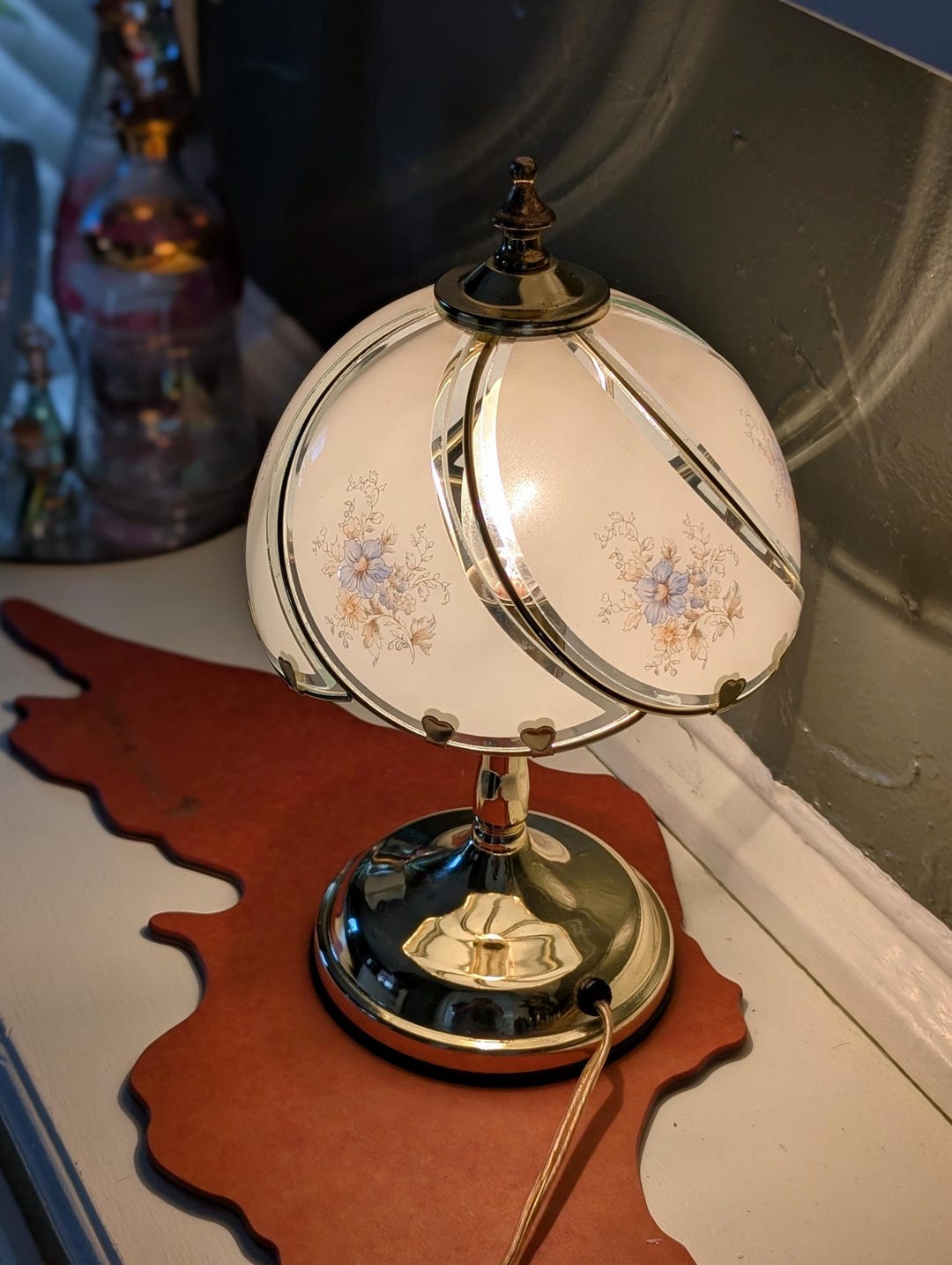 Vintage Glass Brass Touch Lamp, 3 Brightness Settings, Floral MCM Table ...