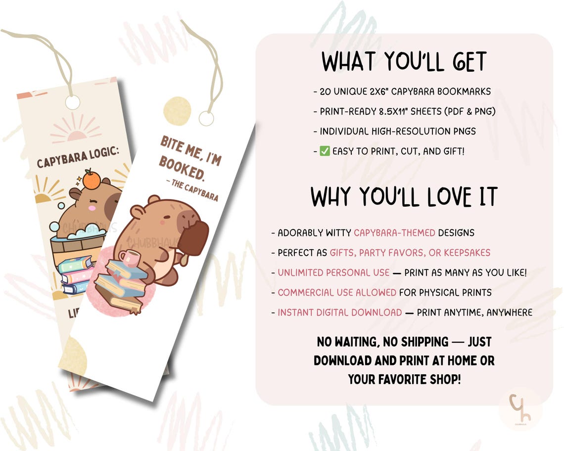 Capybara Bookmark Printable Pack | 20 Cute Bookmarks | Digital Download ...