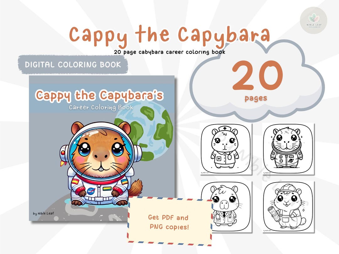 Cappy the Capybara Coloring Book 20 Pages Profession Digital Printable ...