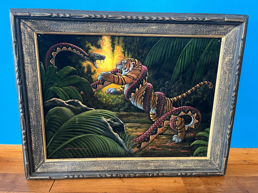 Velvet Blacklight Painting Tiger Fighting Snake in a Jungle - Etsy