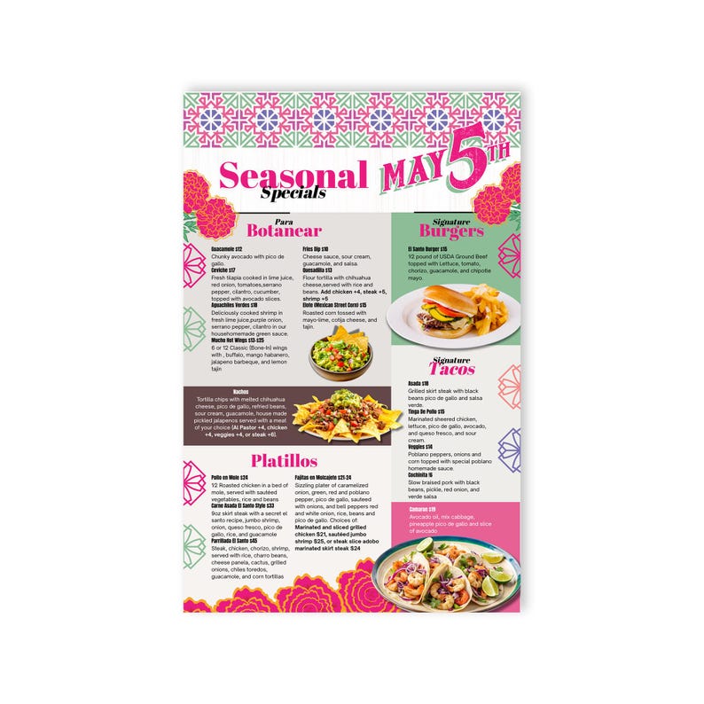 Editable Cinco De Mayo Taco Menu Template 11x17 | Mexican Fiesta Menu ...