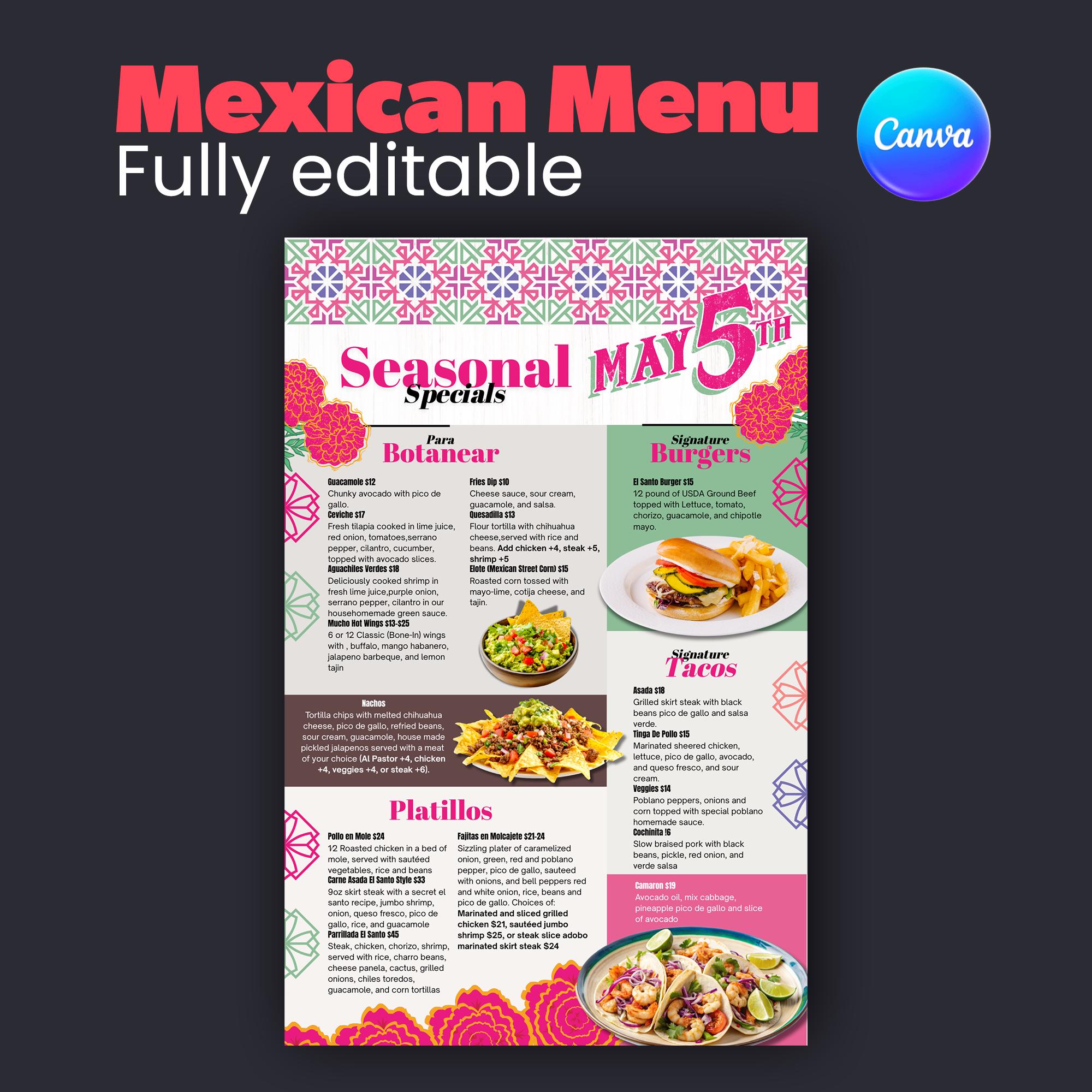 Editable Cinco De Mayo Taco Menu Template 11x17 | Mexican Fiesta Menu ...