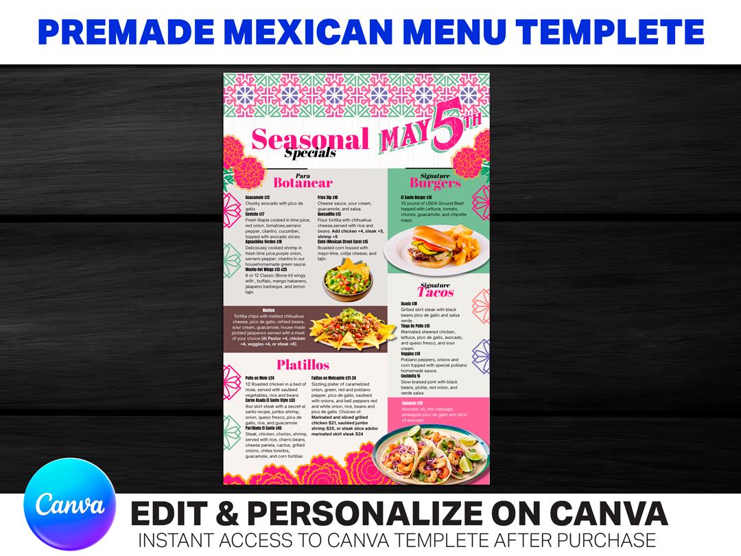 Editable Cinco De Mayo Taco Menu Template 11x17 | Mexican Fiesta Menu ...