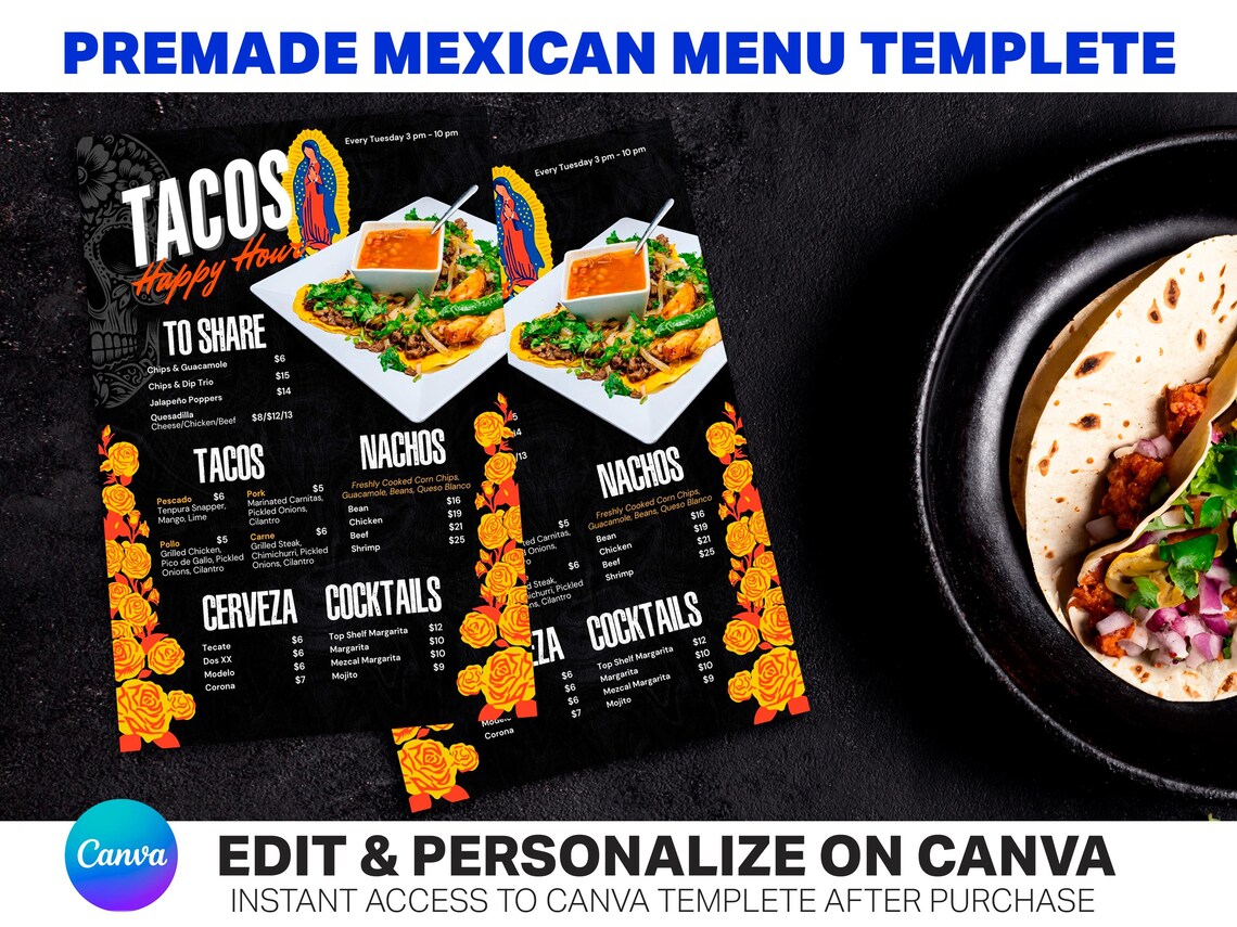 Editable Restaurant Taco Menu Template | Digital Menu Design | Taco ...