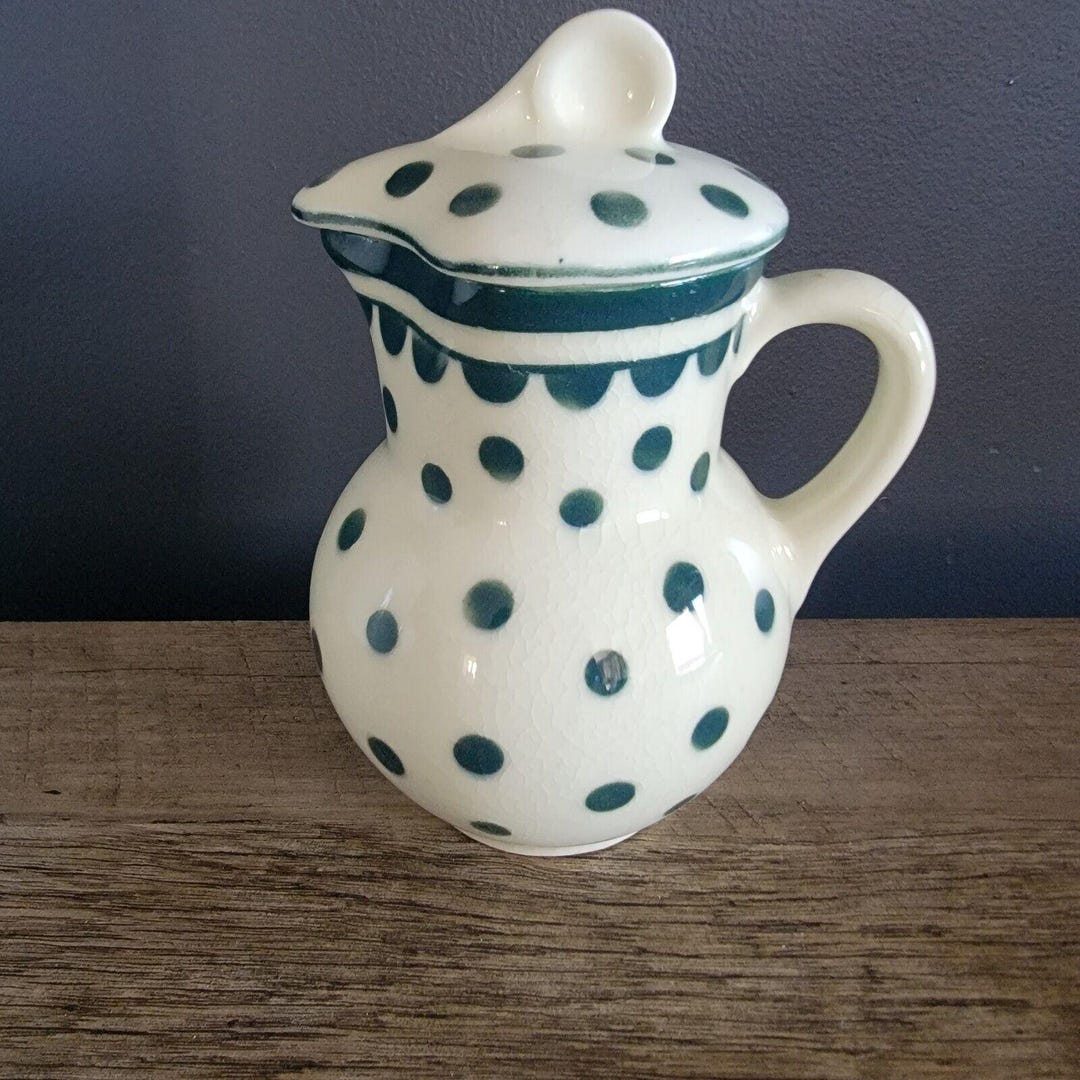 ERPHILA Czechoslovakia Green Polka Dot Hand Painted Pitcher Creamer Art ...