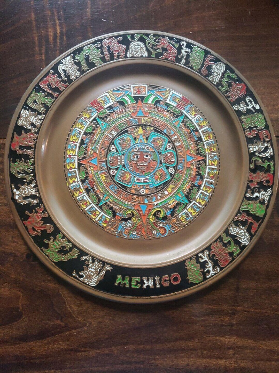 Vintage Mexico Aztec Mayan Calander Hanging Plate Brass Embossed Folk ...