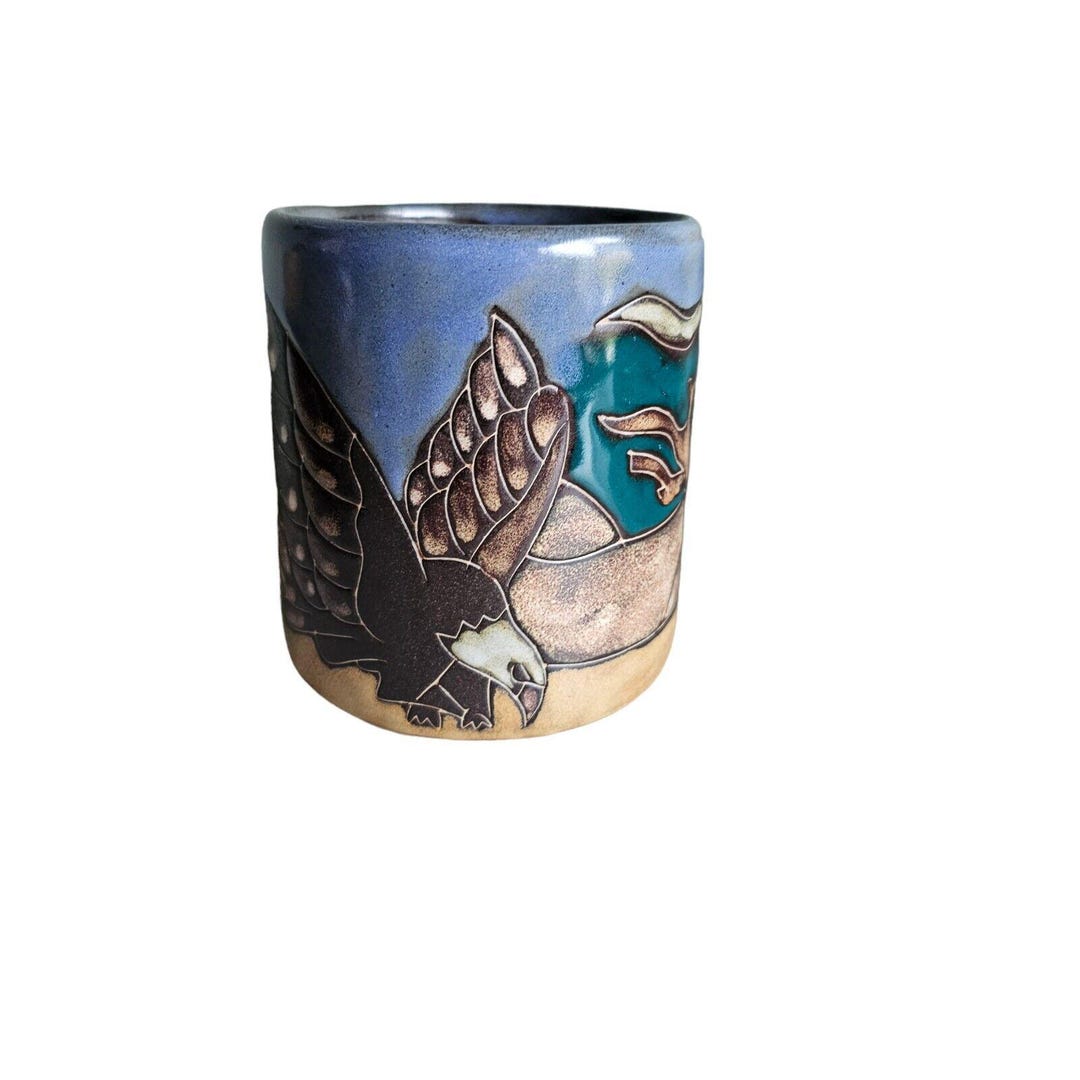Mara Mexico Stoneware Art Pottery Blue Brown Western Eagle Coffee Mug ...