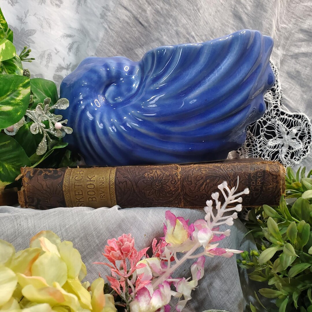Vintage Mid-century Blue Shell Planter: Sculptural Cornucopia, Glossy ...