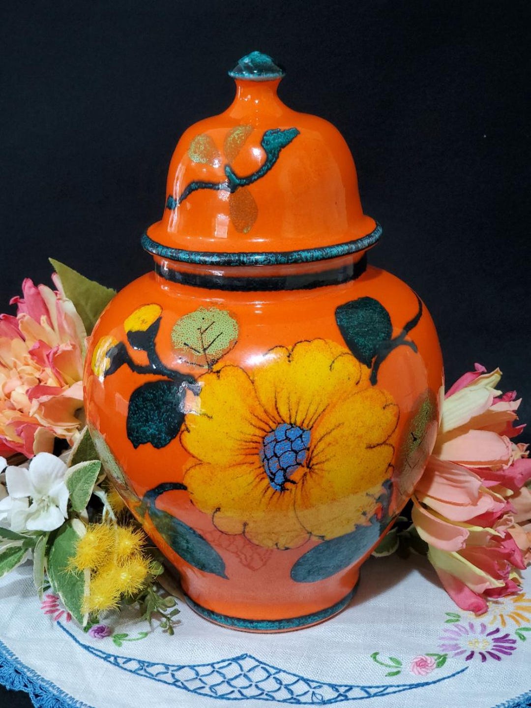 Vintage Atomic Orange Italian Ginger Jar: Hand-painted Chinoiserie ...