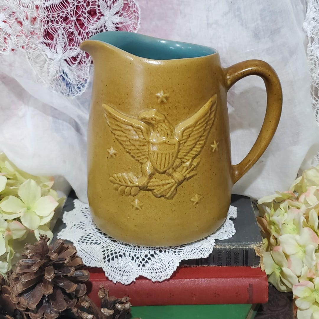 Mid-century STONEWARE PITCHER. Patriotic Eagle Motif. Matte Mustard ...