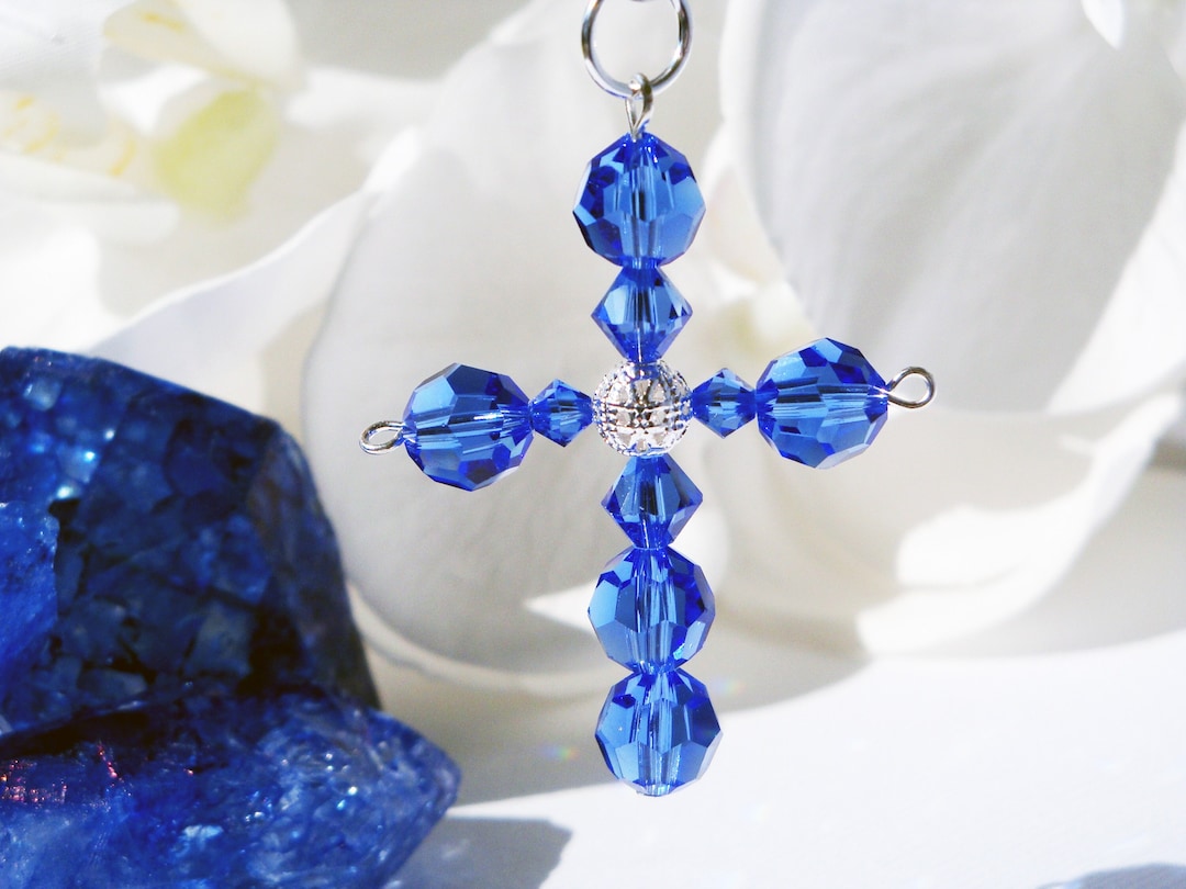 Crystal Cross Car Charm, Rear View Mirror Charm, Blue Crystal Cross for ...