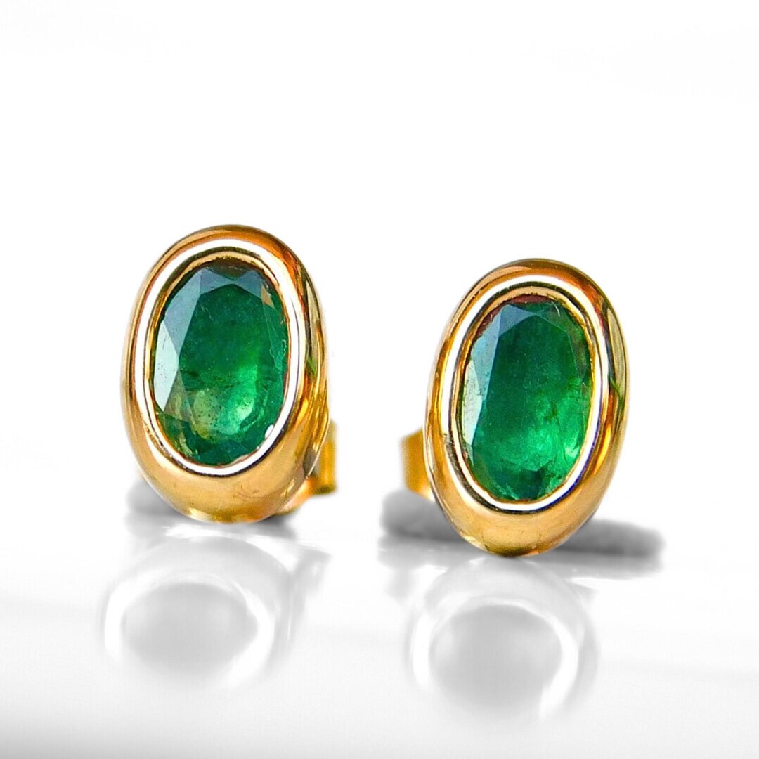 Solid Gold Studs Earrings With Natural Oval Emeralds - Oval Natural ...
