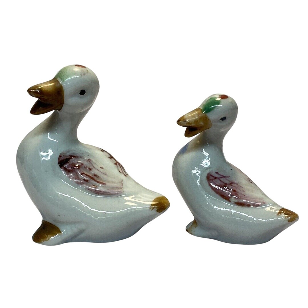Vtg Porcelain Ceramic Duck Figurines Set of 2 Hand-painted White Brown ...