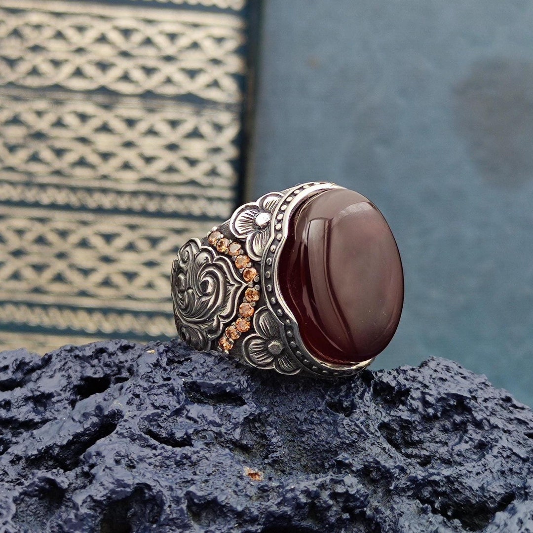 Handmade Agate Aqeeq Gemstone Silver Men Ring, Unique Agate Ring, 925 ...