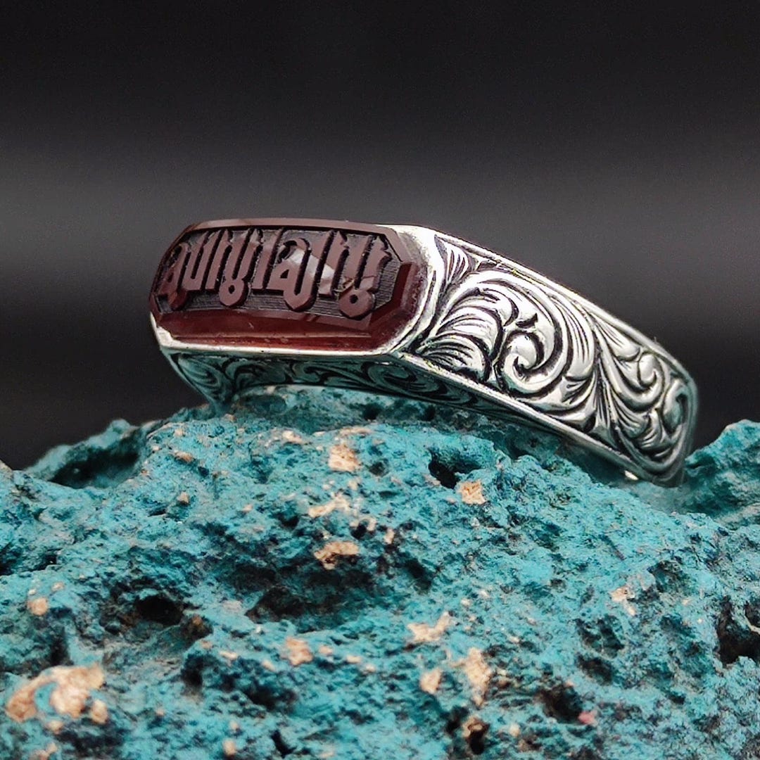 Silver Men's Ring With Kalima Tawhid Written on Agate Stone, Light ...