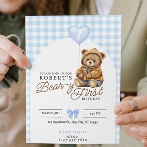 Beary First Birthday Invitation, Bear Boy's 1st Bday Template ...