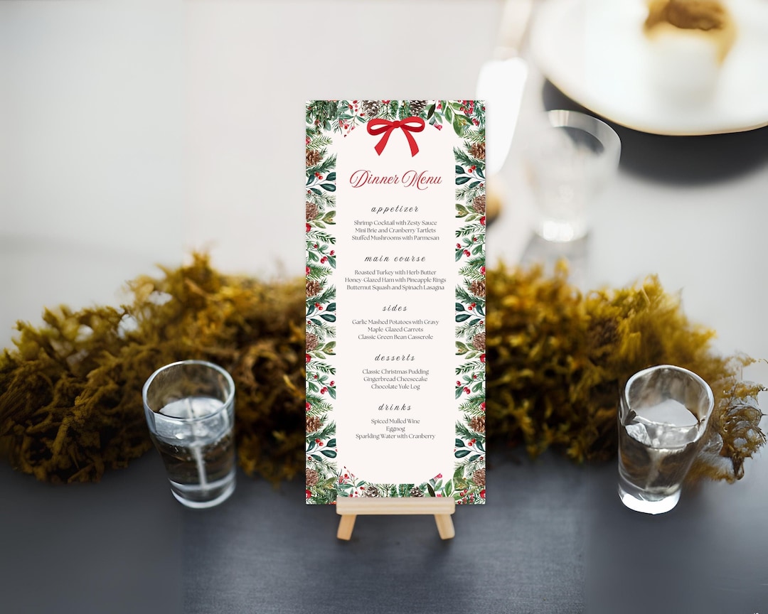 Christmas Winter Greenery Menu Template, Red Bow Menu Card, Christmas ...