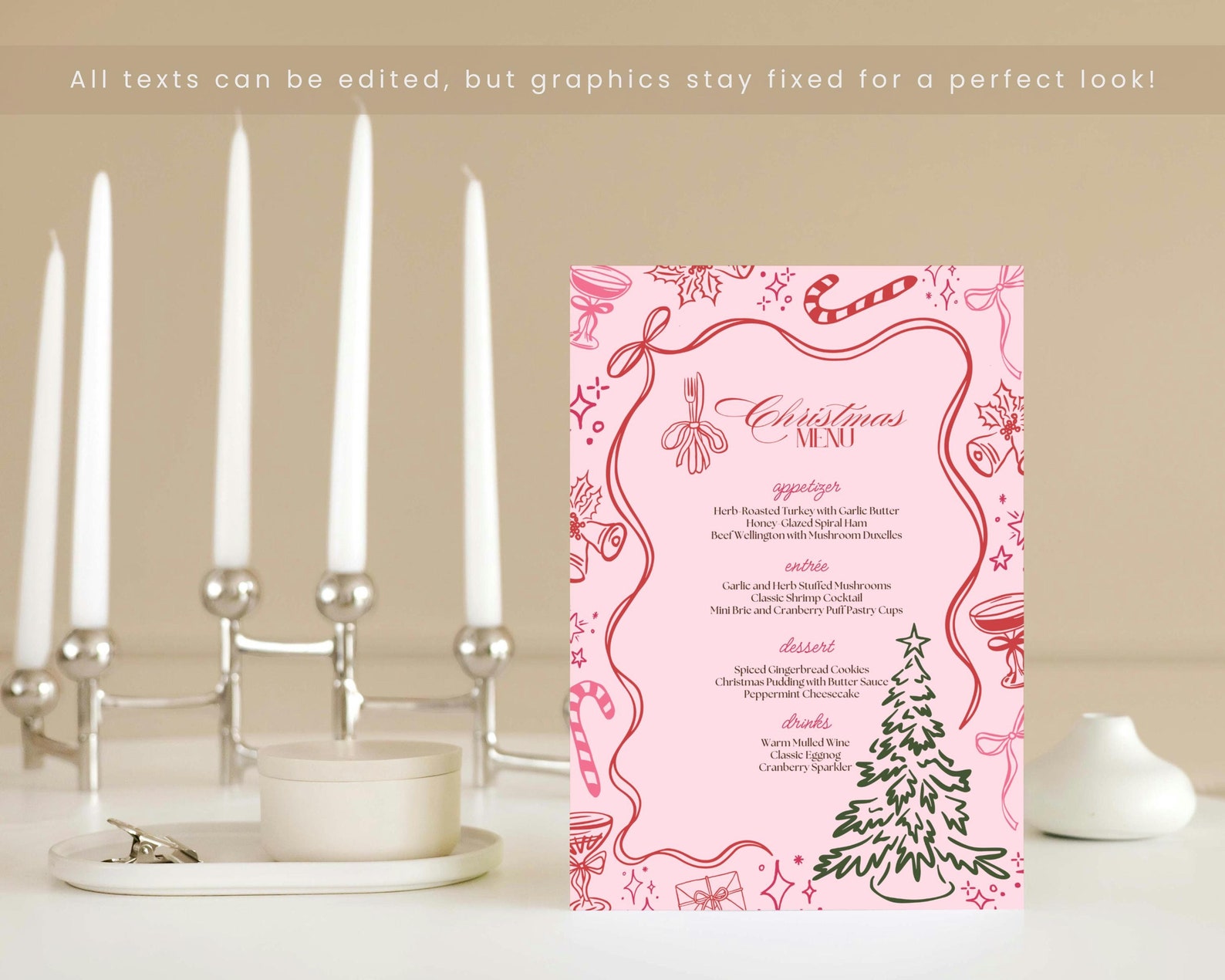 Pink Christmas Menu Template, Christmas Dinner Menu, Christmas Party ...