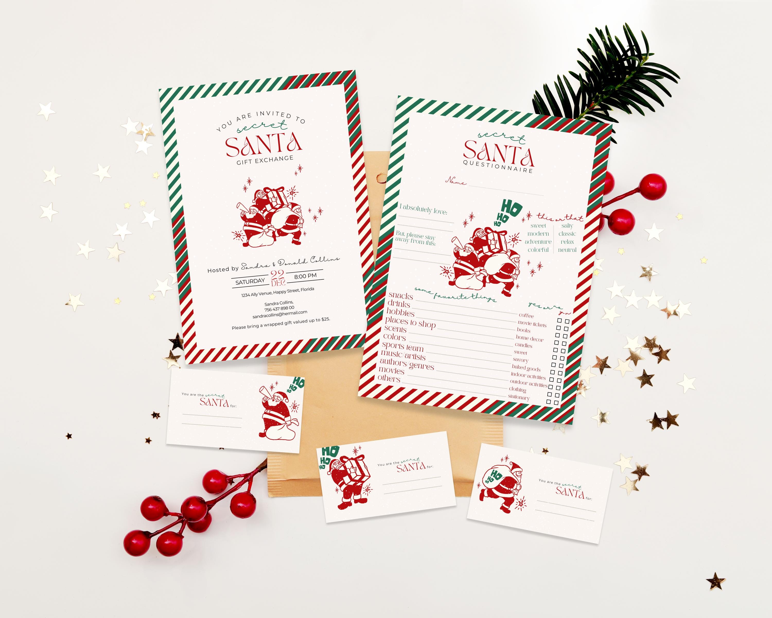 Secret Santa Questionnaire Bundle, Christmas Secret Gift Exchange Kit ...