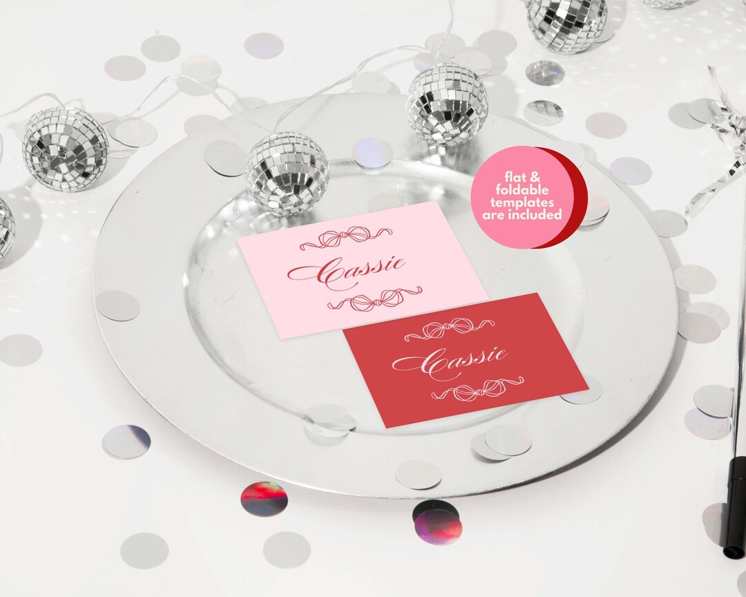 Printable Pink Red Bow Dinner Place Cards, Flat and Folded Dinner Name ...