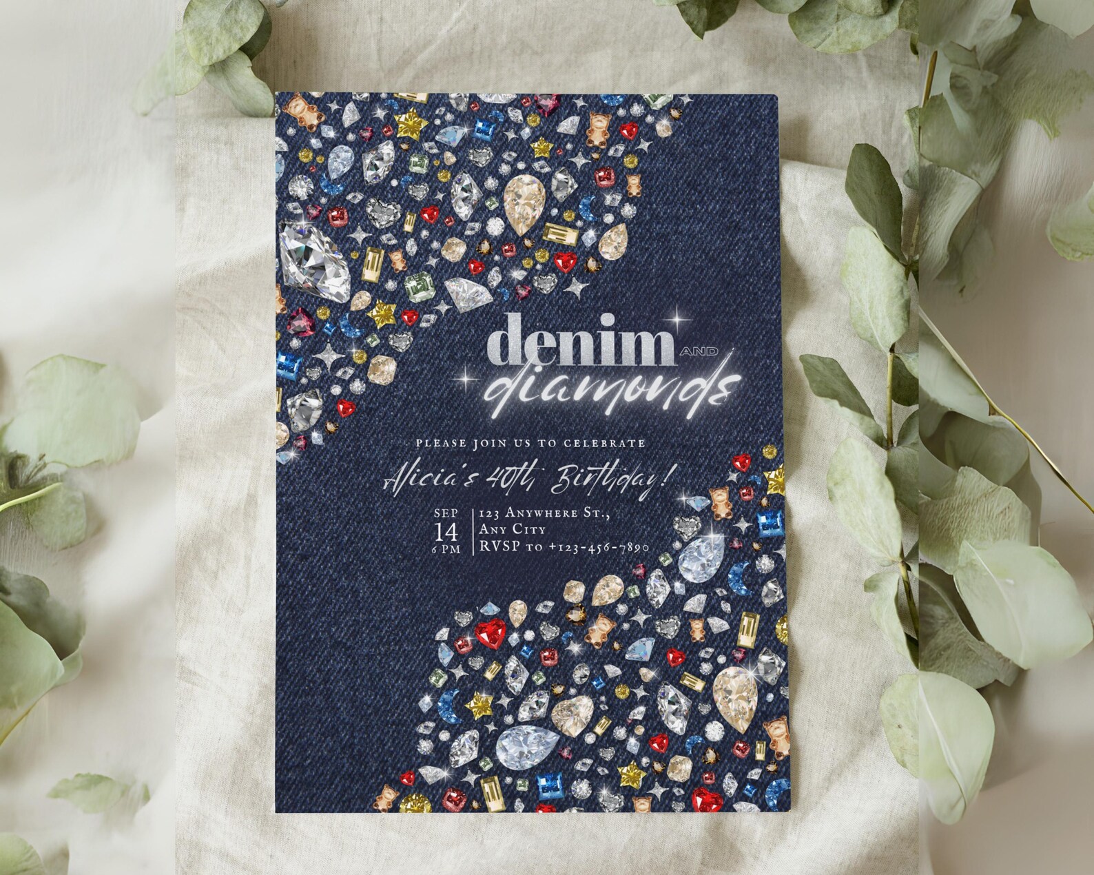 Editable Denim and Diamonds Birthday Invitation, Denim Birthday Invite ...