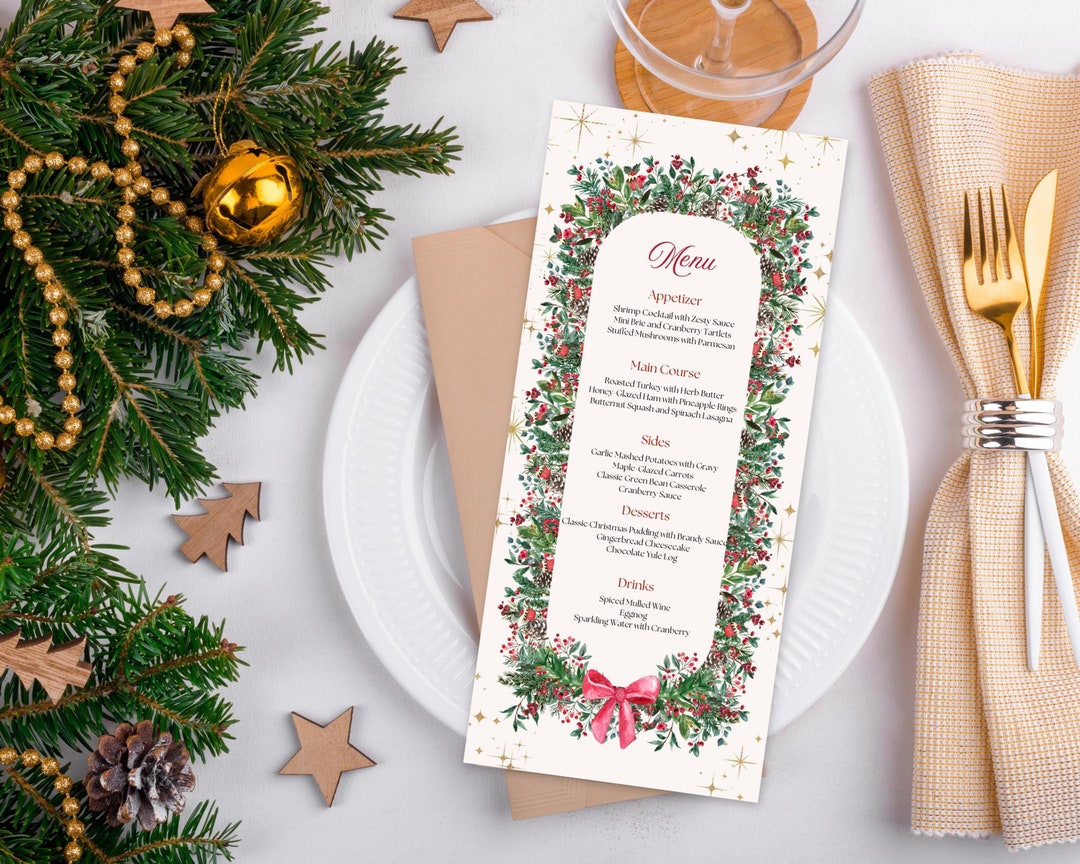 Christmas Menu Template, Shiny Holiday Table Menu Cards, Bow Dinner ...