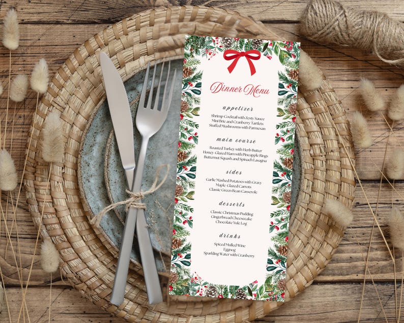Christmas Winter Greenery Menu Template, Red Bow Menu Card, Christmas ...