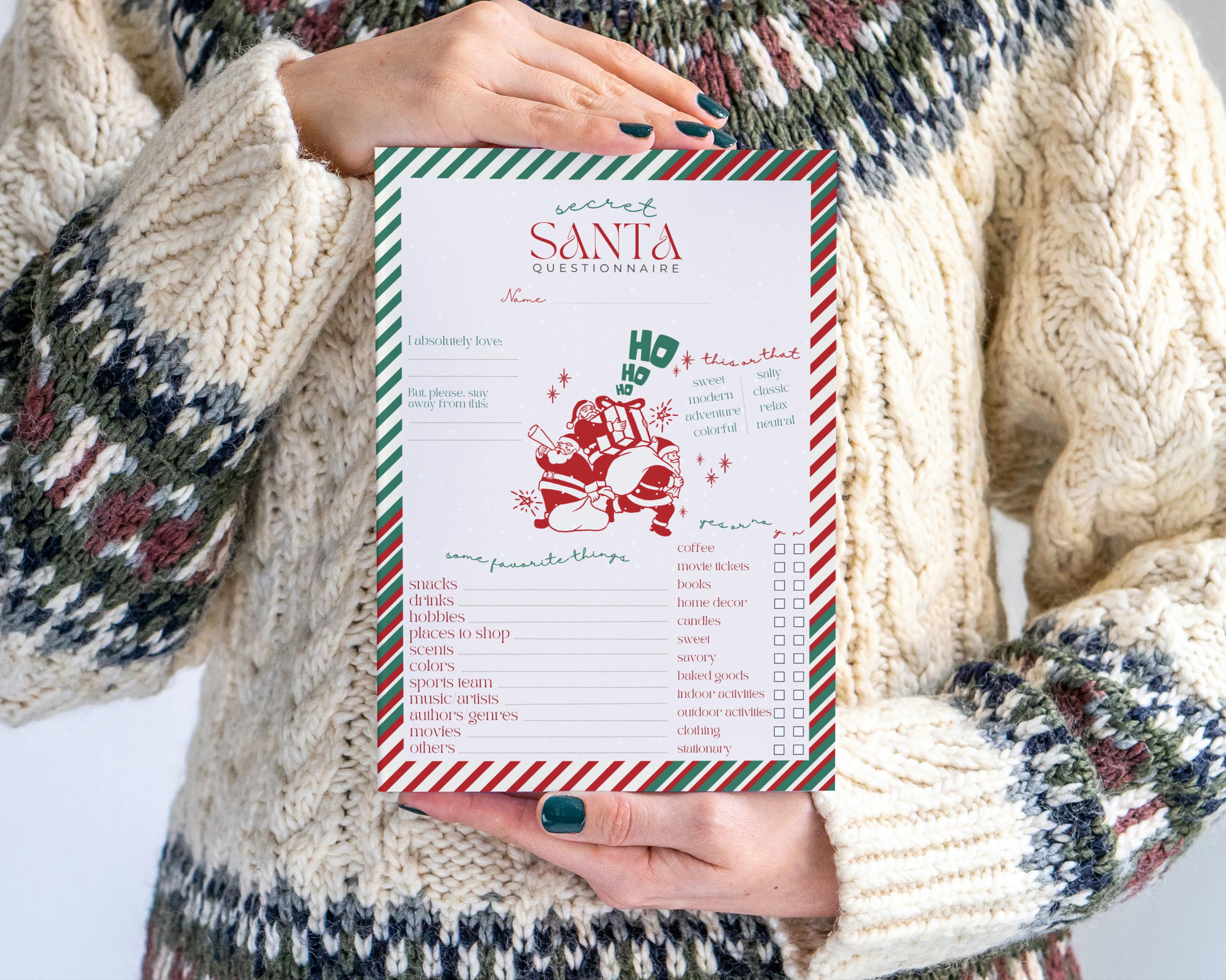Secret Santa Questionnaire Bundle, Christmas Secret Gift Exchange Kit ...