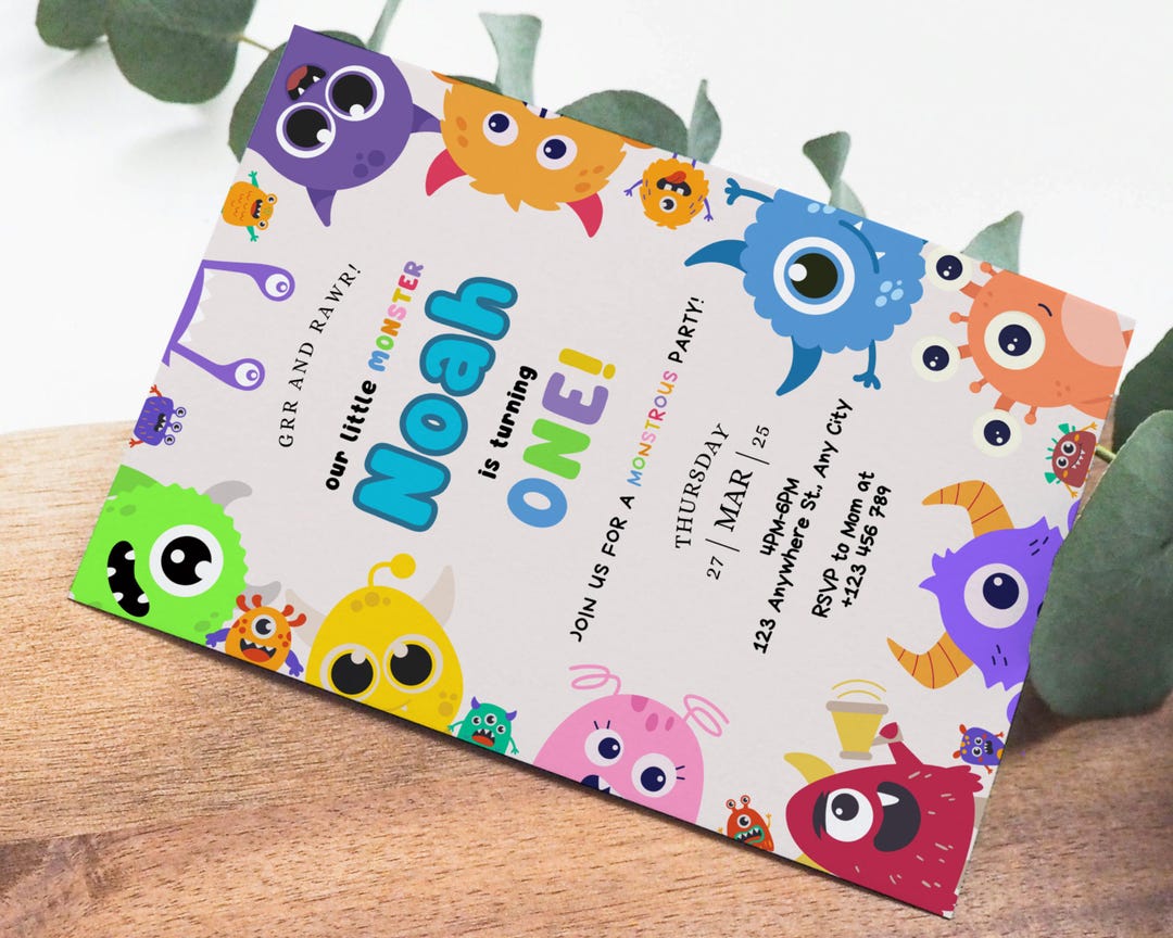 Editable Monster Birthday Invitation, First Theme Party Flyer, Colorful ...